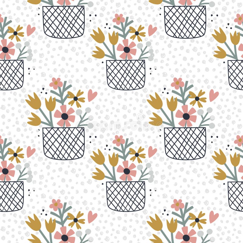 Vector Seamless Pattern with Basket of Flowers Stock Vector ...