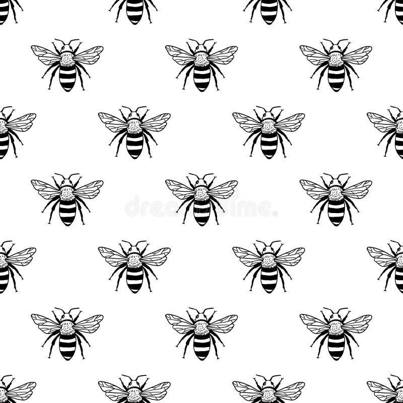 Vector Seamless Pattern with Bees. Black and White Texture Stock Vector ...