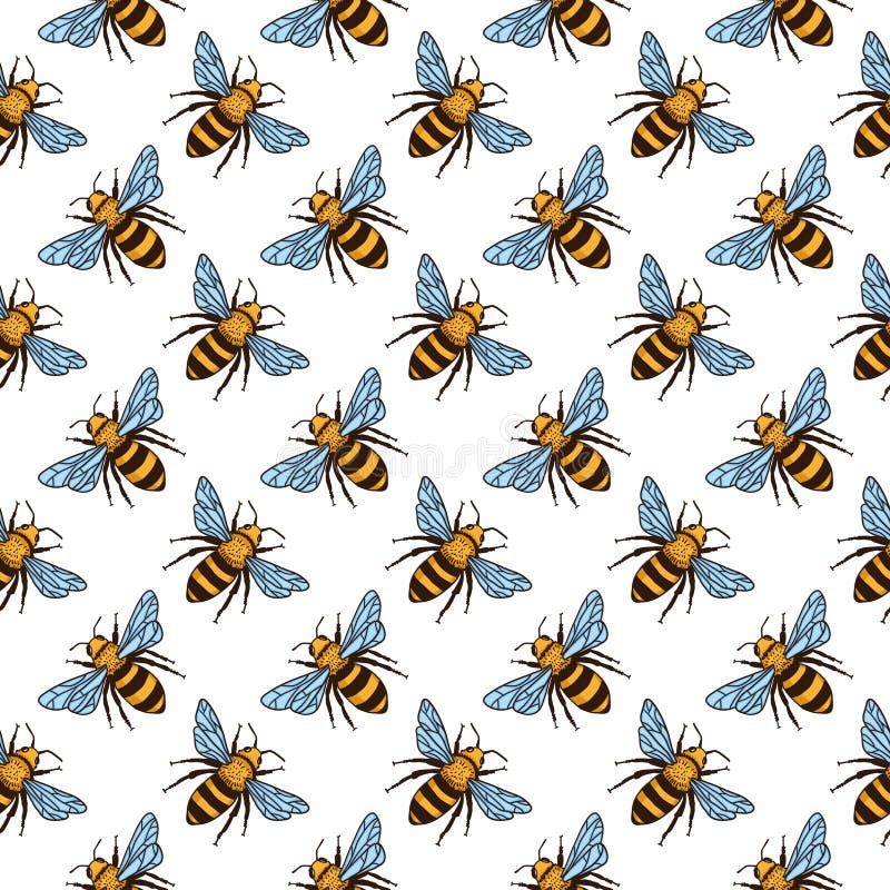 Vector Seamless Pattern with Bees, Leaves and Flowers. Black and Yellow ...