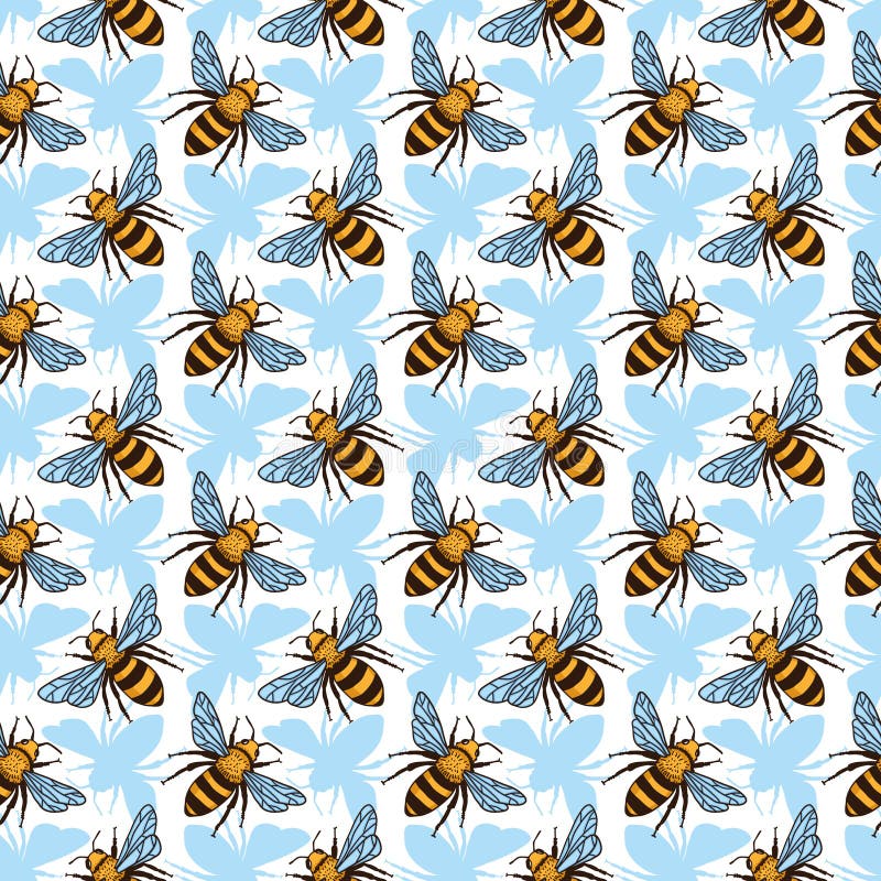 Vector Seamless Pattern with Bees, Leaves and Flowers. Black and Yellow ...