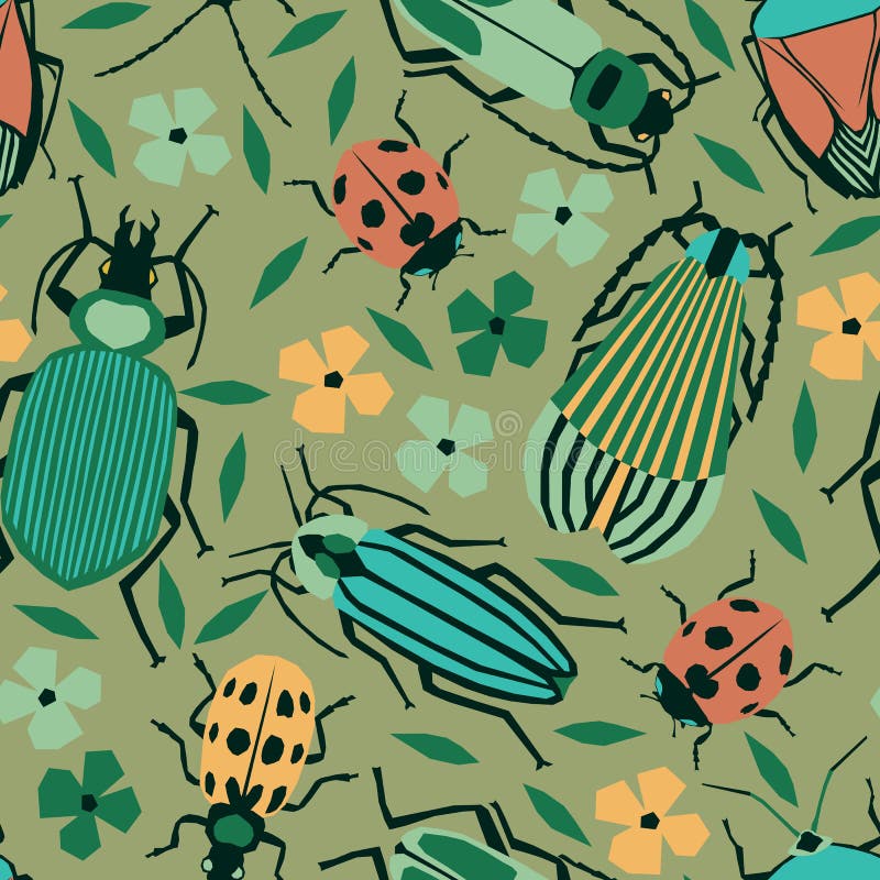 Vector Seamless Pattern with Beetles, Bugs, Lady Bugs Summer Design ...