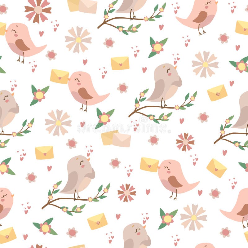 Vector Seamless Pattern with Birds and Letters. Romantic Birds. Tender ...