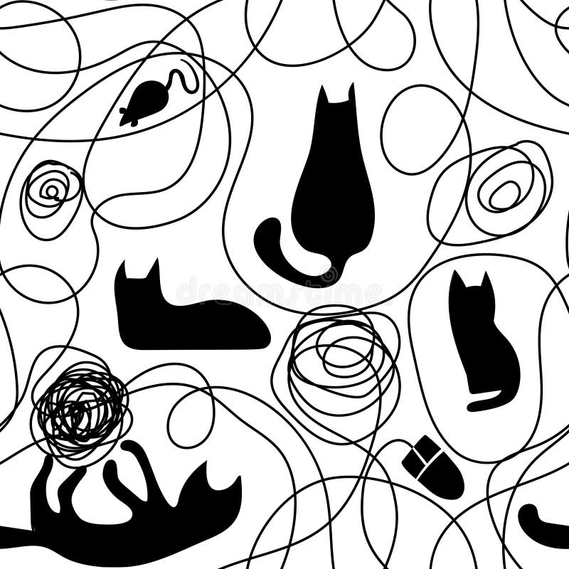 Vector Seamless Pattern with Black Cats and Tangled Tangles of Thread ...