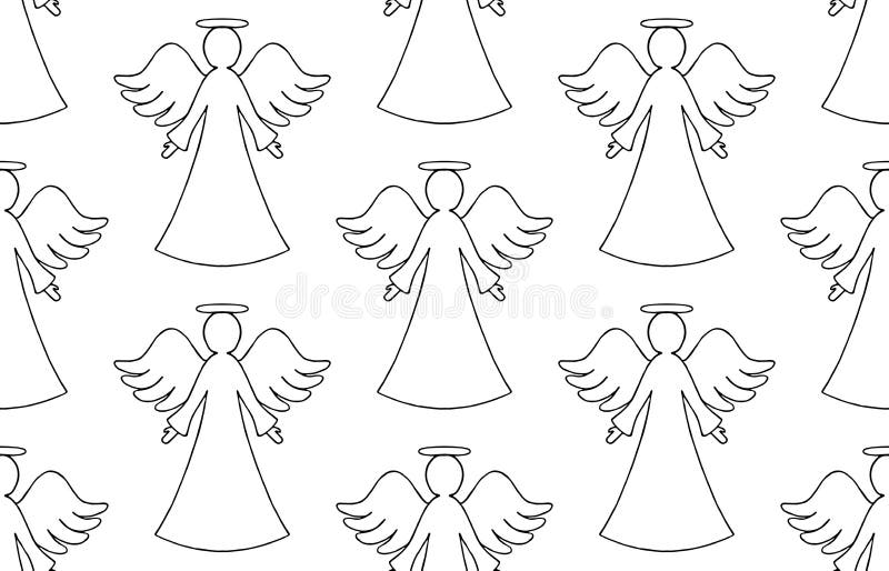 Vector Seamless Pattern of Black Contour of Angels on White Background ...