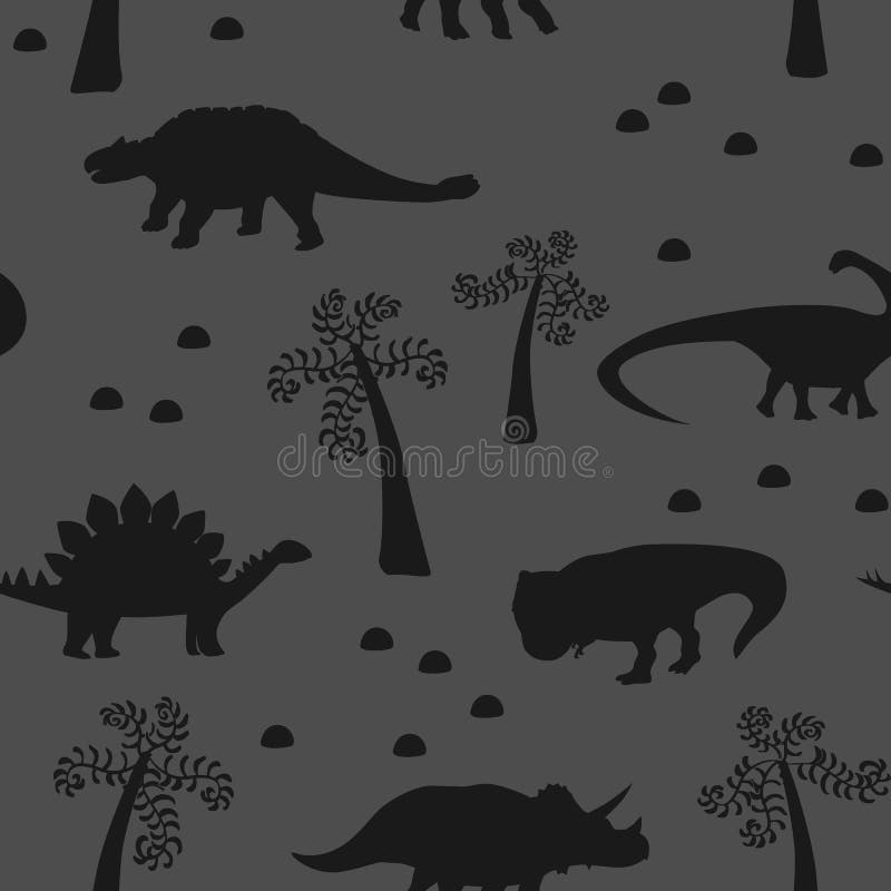 Vector Seamless Pattern of Black Dinosaur Silhouette and Palms Isolated ...