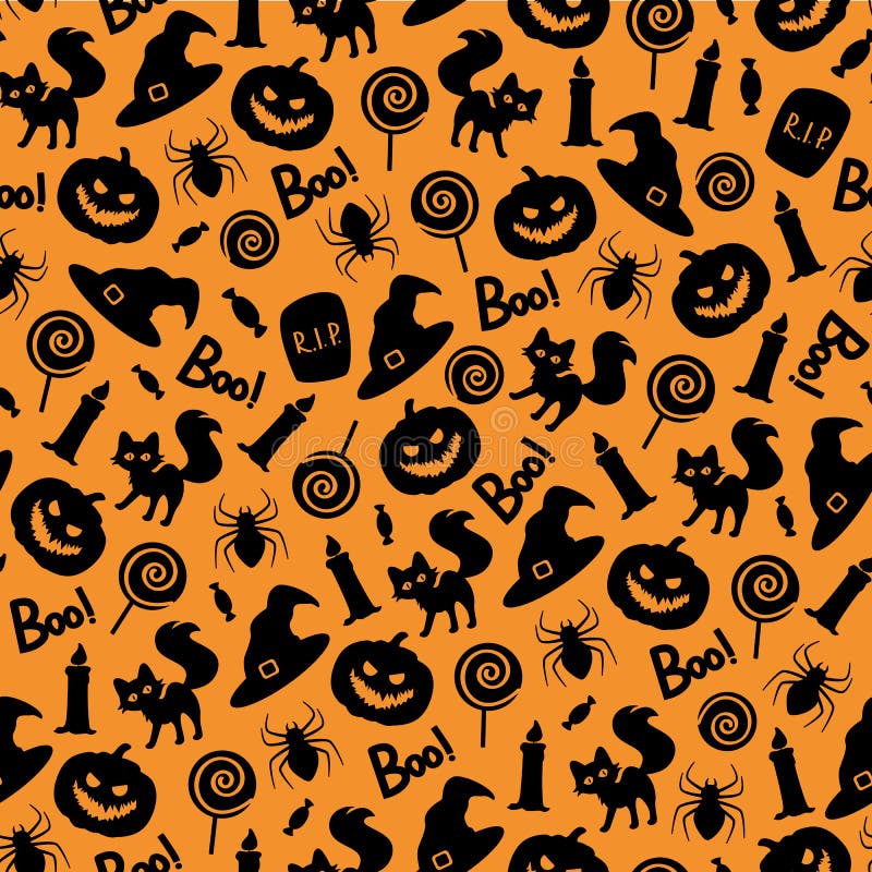 Vector Seamless Pattern with Black Halloween Elements on an Orange ...
