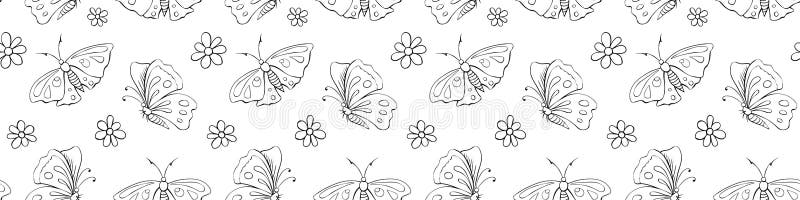 Vector Seamless Pattern of Black Outline Cute Butterflies and Flowers ...