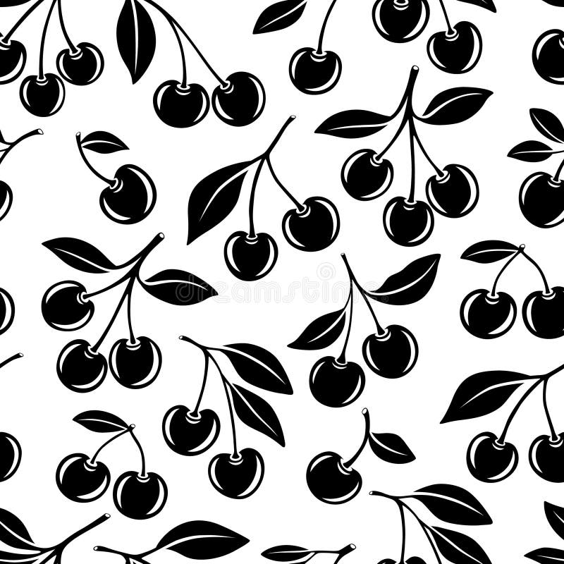 Vector Seamless Pattern with Black Silhouette Cutout Cherry. Single ...