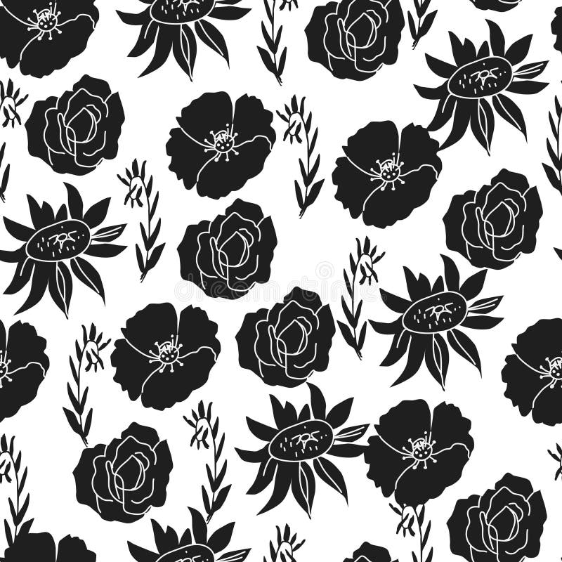 Vector Seamless Pattern with Black Silhouettes of Flowers on White ...