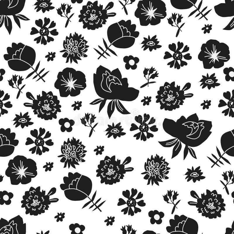 Vector Seamless Pattern with Black Silhouettes of Flowers on White ...
