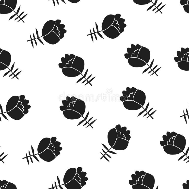 Vector Seamless Pattern with Black Silhouettes of Flowers on White ...
