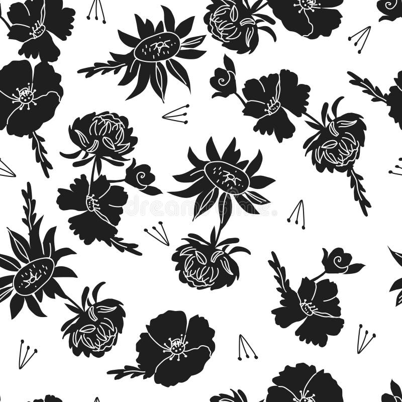 Vector Seamless Pattern with Black Silhouettes of Flowers on White ...