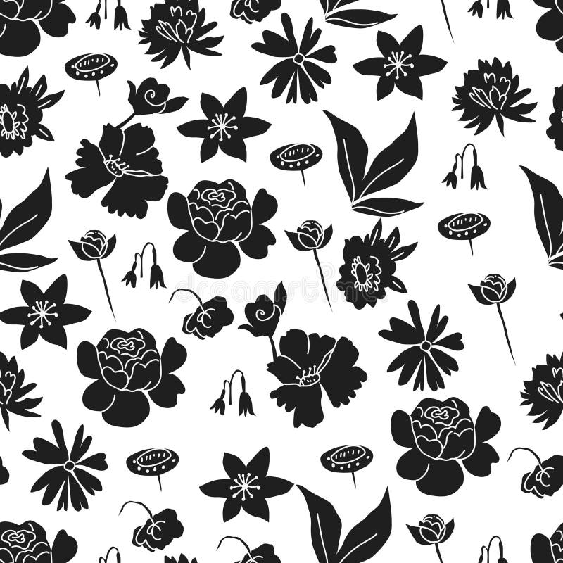 Vector Seamless Pattern with Black Silhouettes of Flowers on White ...