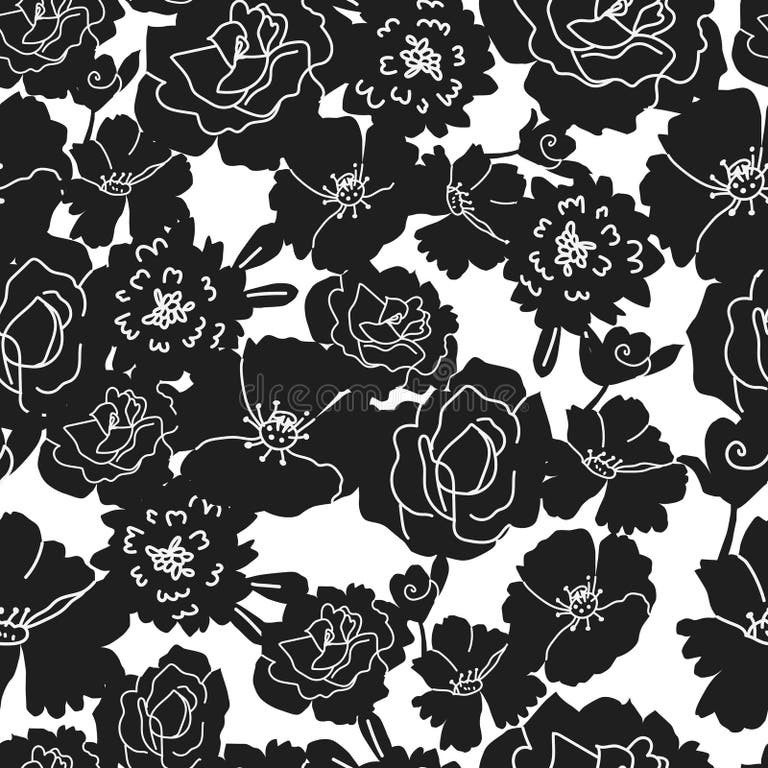 Vector Seamless Pattern with Black Silhouettes of Flowers on White ...