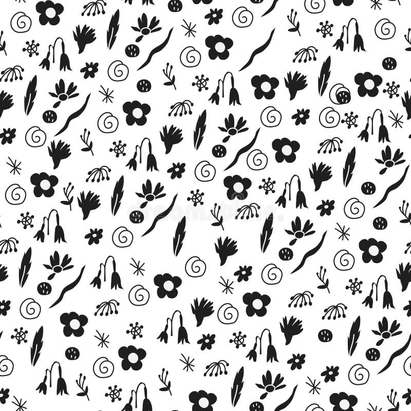 Vector Seamless Pattern with Black Silhouettes of Flowers on White ...