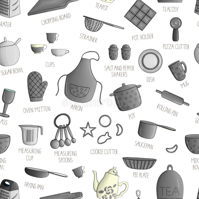 Vector Seamless Pattern of Black and White Kitchen Tools Stock Vector ...