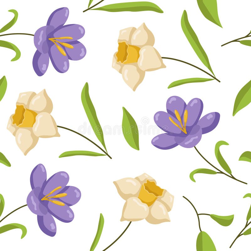 Vector Seamless Pattern with Blooming Flowers. Colored Spring Drawing ...