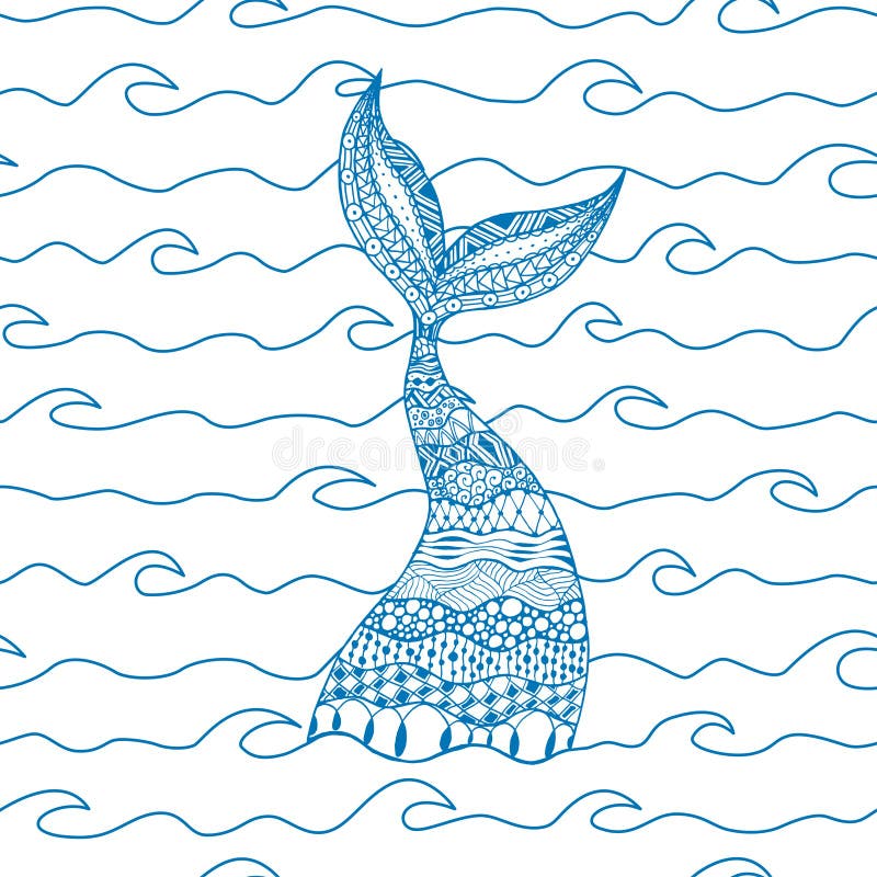 Vector Seamless Pattern of Blue Line Sea Waves with Mermaid Stock ...