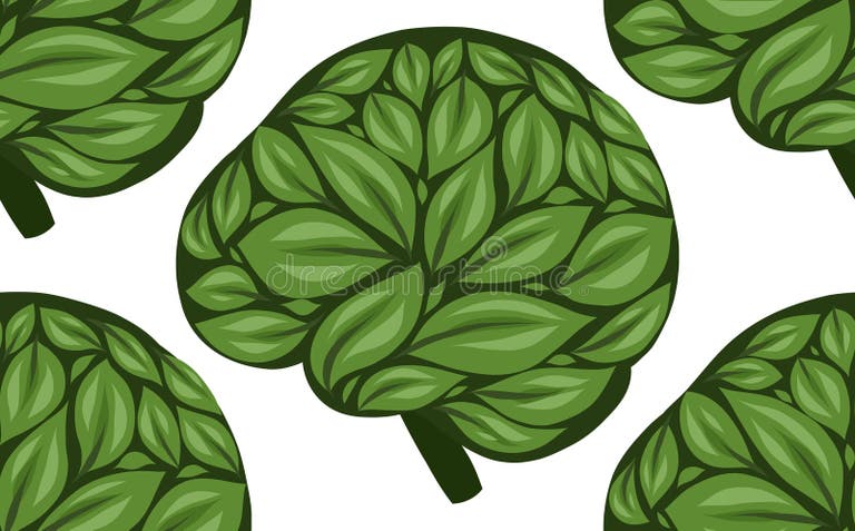 Vector Seamless Pattern with Brain from Foliage on White Background ...