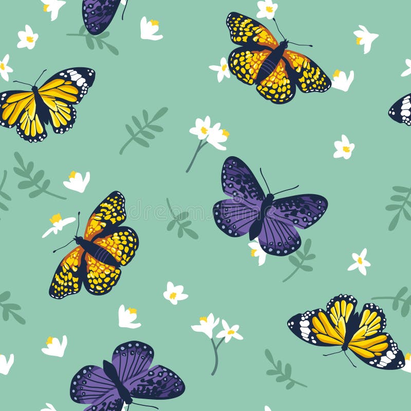 Vector Seamless Pattern with Bright Butterflies. Hand Drawn Texture ...