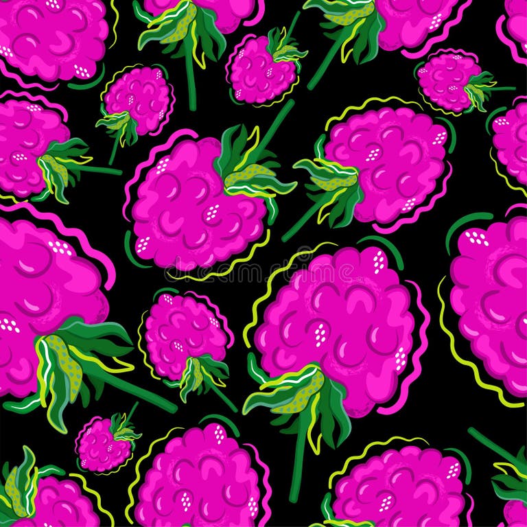 Vector Seamless Pattern with Bright Raspberries on Black Background ...