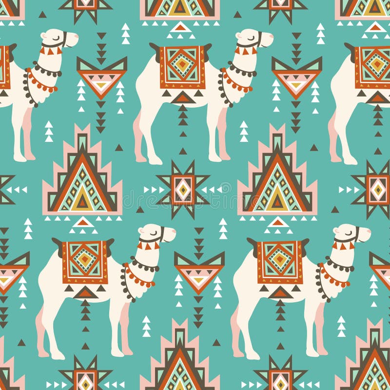 Vector Seamless Pattern with Camels and Ethnic Motifs. Desert Boho ...