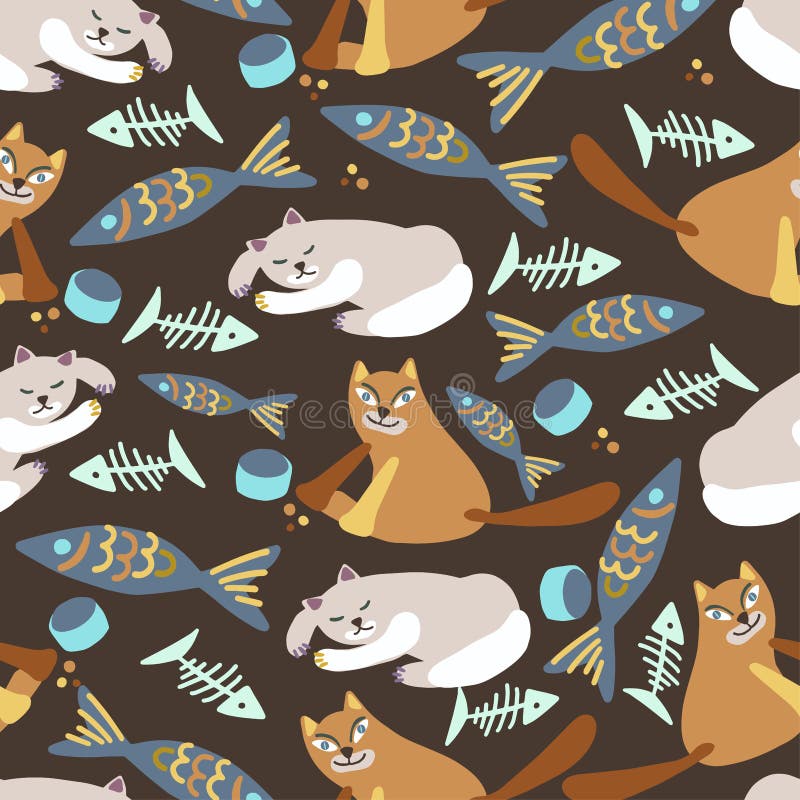Vector Seamless Pattern Cartoon Decorative Cute Design of Cats with ...