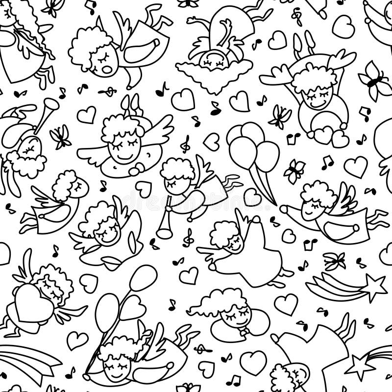Vector Seamless Pattern from Cartoon Flying Angels, Hearts Stock Vector ...