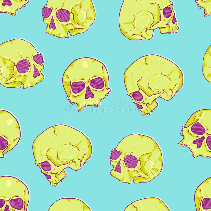Vector Seamless Pattern of Cartoon Green Skulls on Turquoise Background ...
