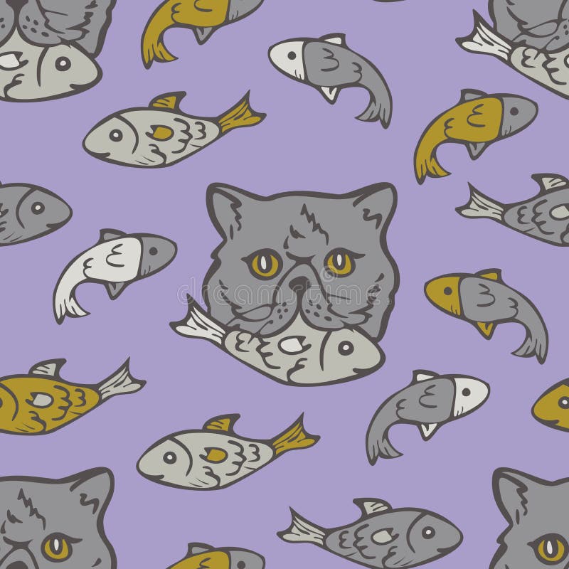 Vector Seamless Pattern with Cats Faces and Fish. Stock Vector ...