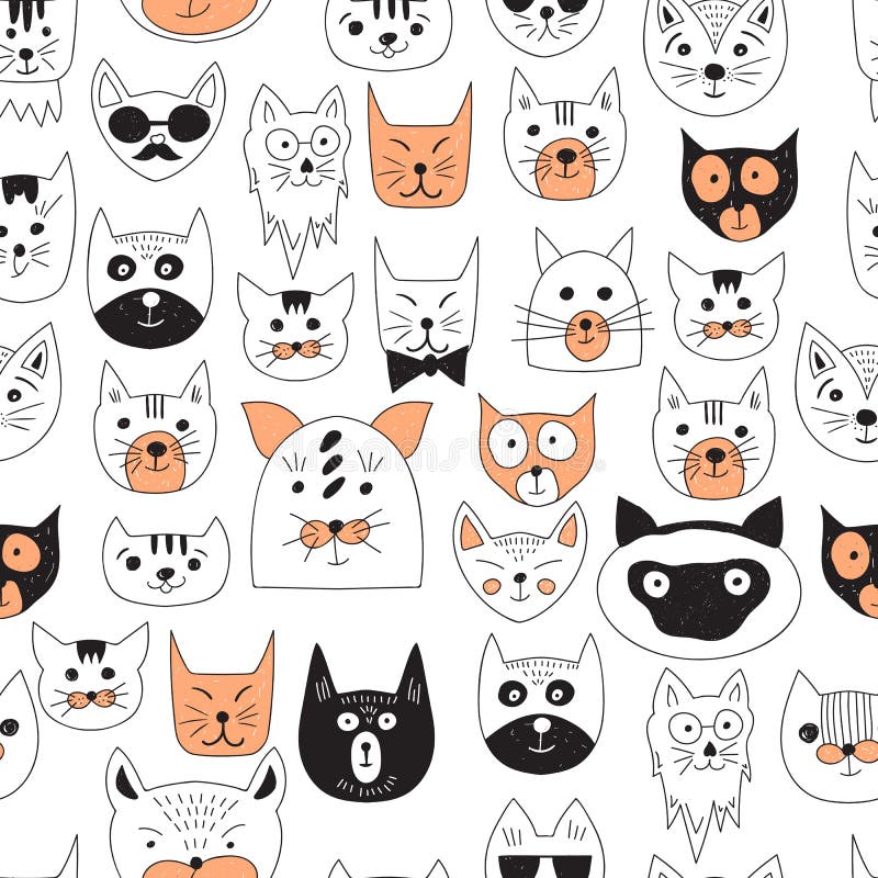Vector Seamless Pattern with Cats Stock Vector - Illustration of doodle ...