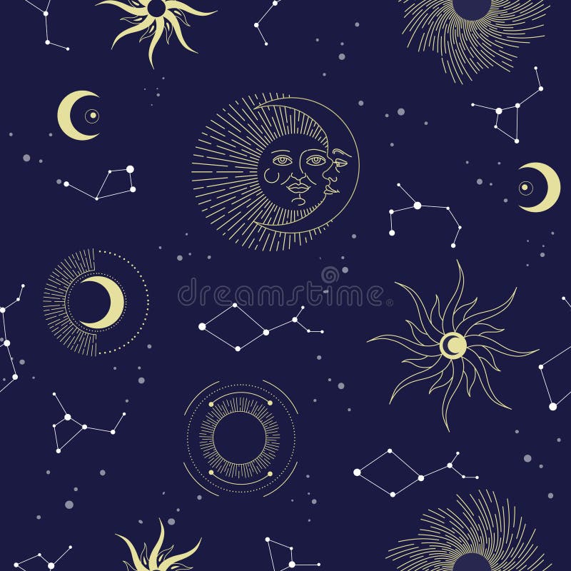 Vector Seamless Pattern with Celestial Mystic Esoteric Magic Elements Sun Moon and Clouds ...