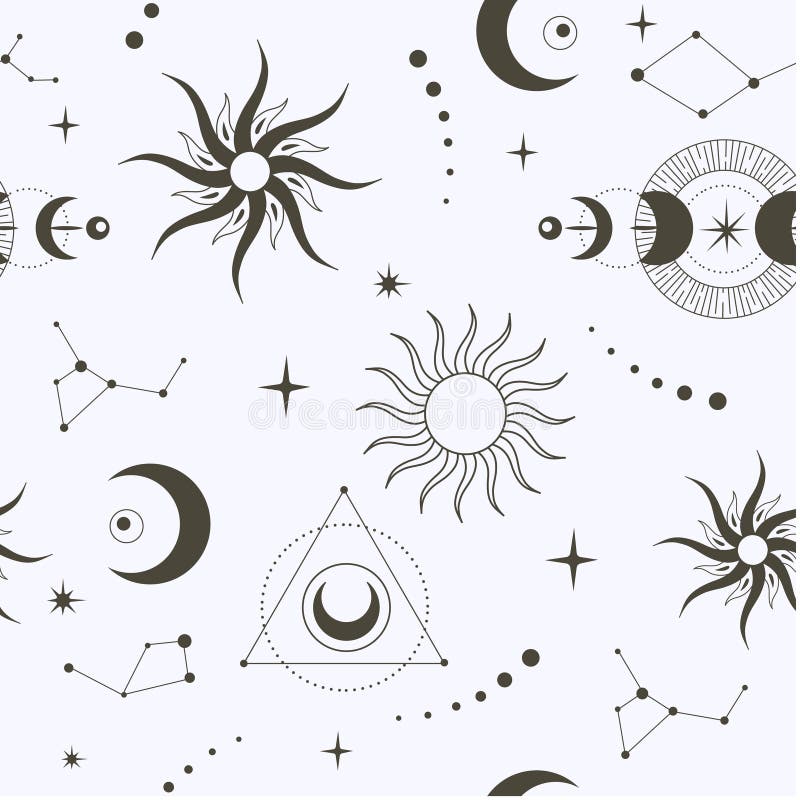 Vector Seamless Pattern with Celestial Mystic Esoteric Magic Elements Sun Moon and Clouds ...