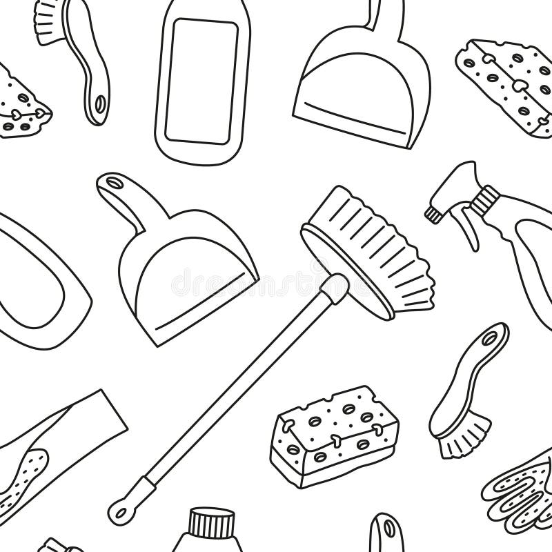 Vector Seamless Pattern with Cleaning Items in Doodle Style. Drawing ...