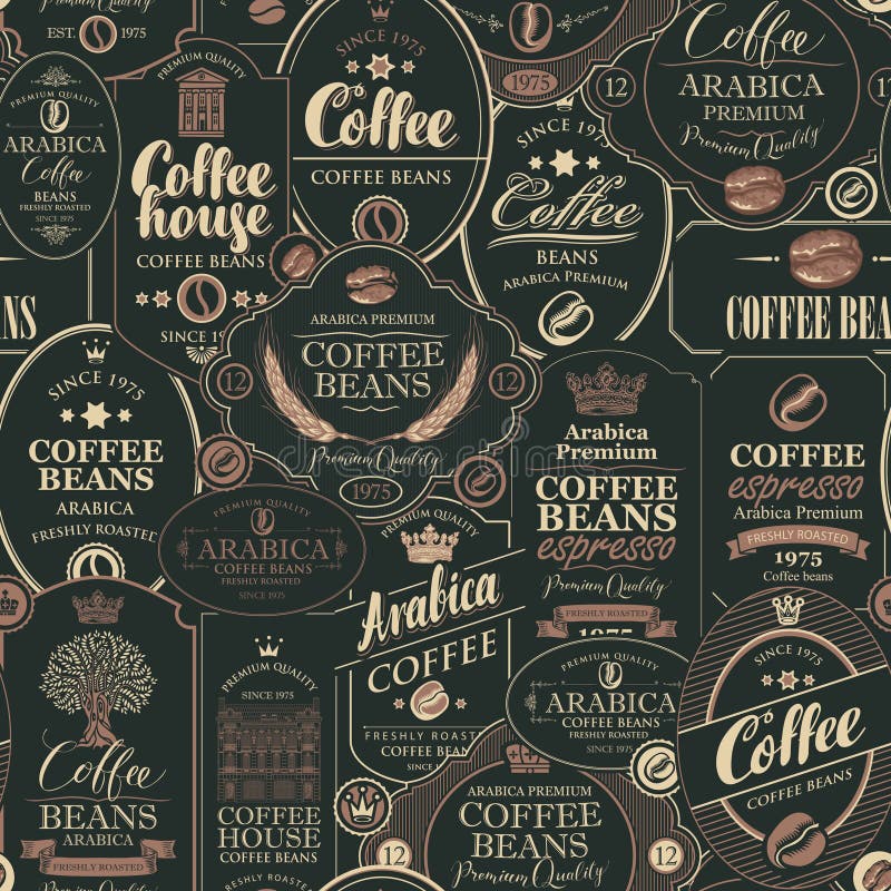 Vector Seamless Pattern with Various Coffee Labels Stock Vector ...