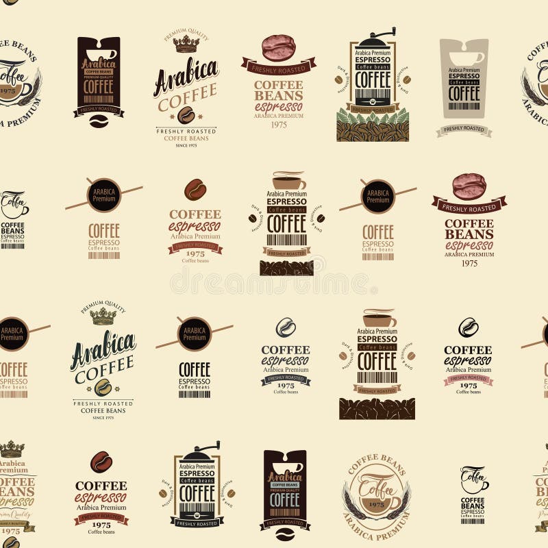 Vector Seamless Pattern with Various Coffee Labels Stock Vector ...