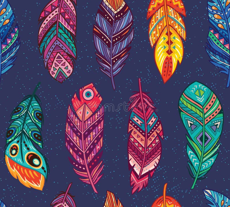 Vector Seamless Pattern With Colored Abstract Feathers In Boho Style ...
