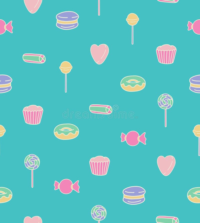 Vector Seamless Pattern Colorful Candy Sweets Food Design Illustration on Tosca Background ...