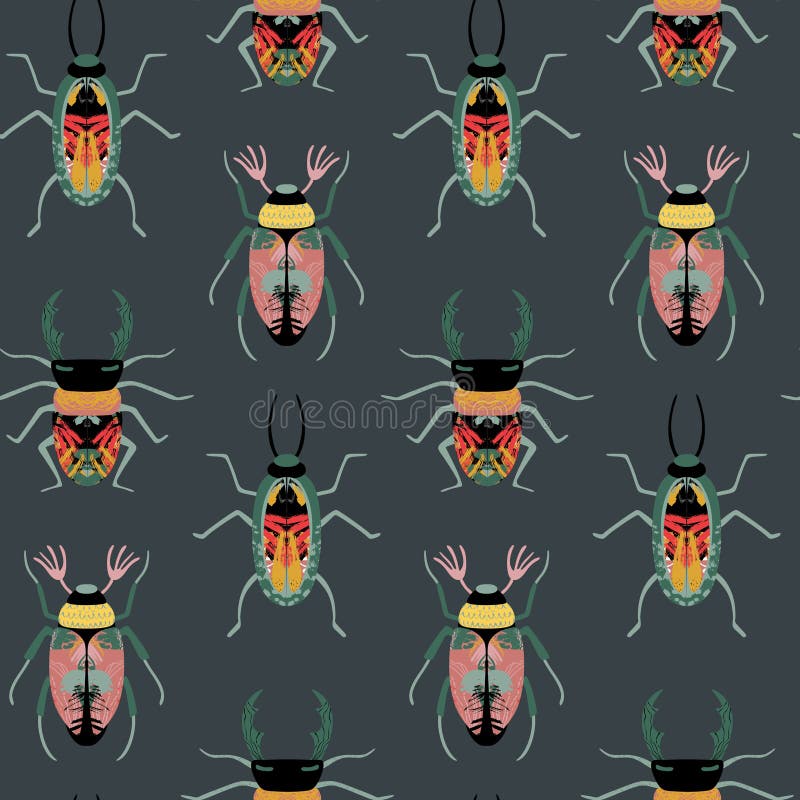 Vector Seamless Pattern with Colorful Insects, Beetle, Bug and Hand ...