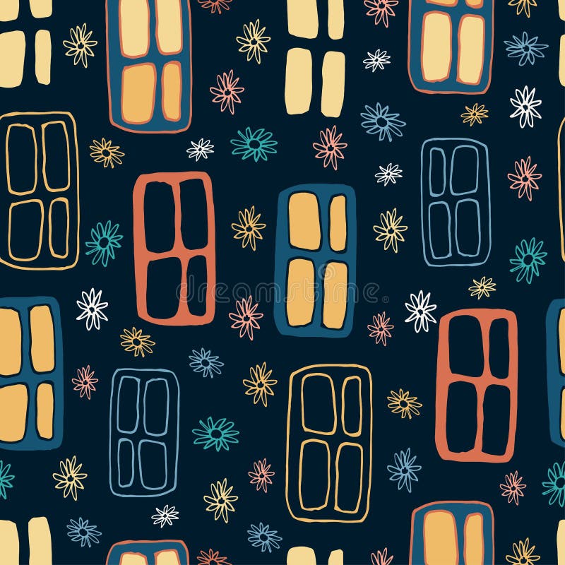 Vector Seamless Pattern of Colorful Lined Doodles of Windows in a Town ...