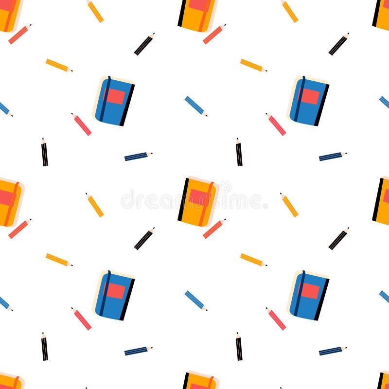 Vector Seamless Pattern with Colorful Notebooks and Pencils, a Flat ...