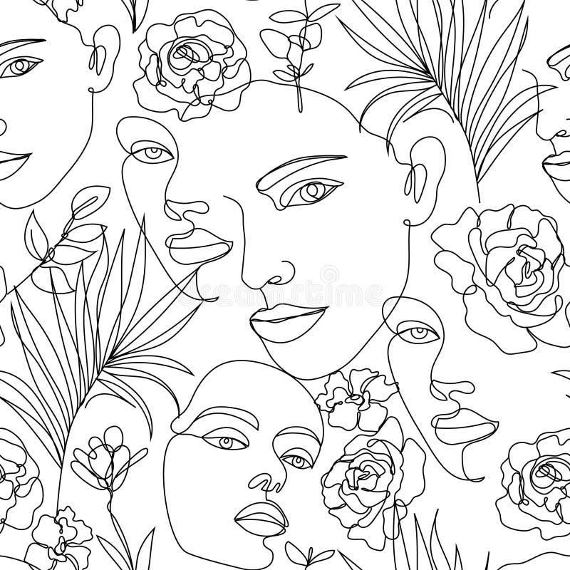 Vector Seamless Pattern. Continuous Line Art with Woman Face, Leaves ...