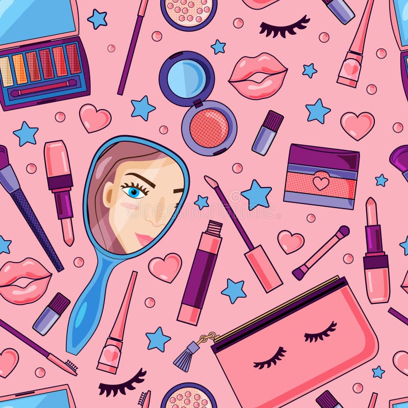 Vector Seamless Pattern with Cosmetics in Cartoon Style. Cute ...