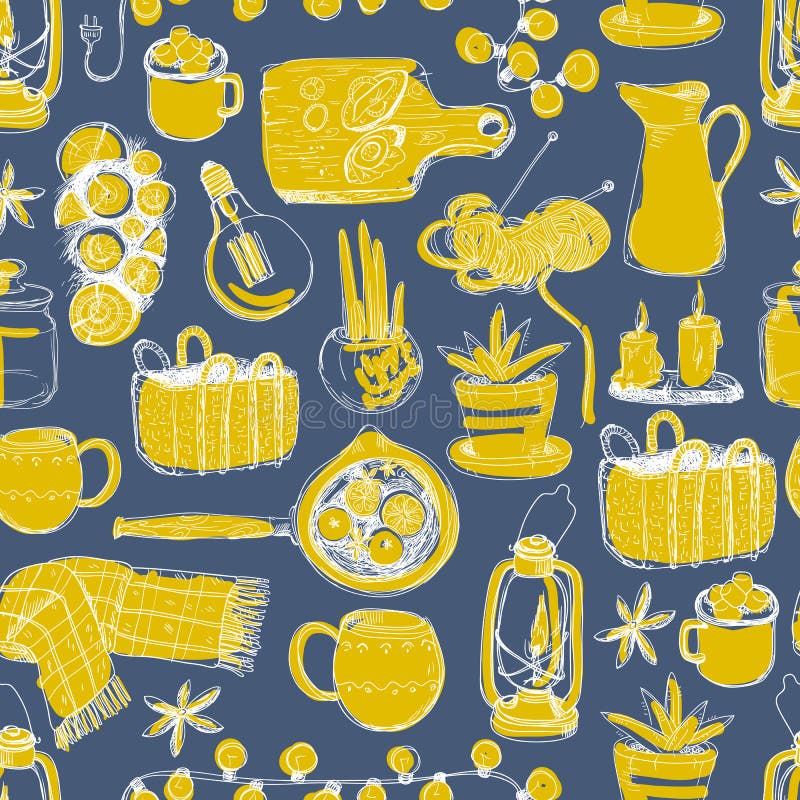 Vector Seamless Pattern. Cozy Hygge Elements, Home Interior Stock ...