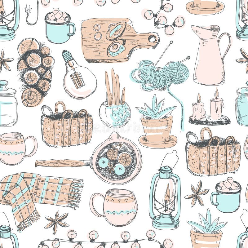 Vector Seamless Pattern. Cozy Hygge Elements, Home Interior Stock ...
