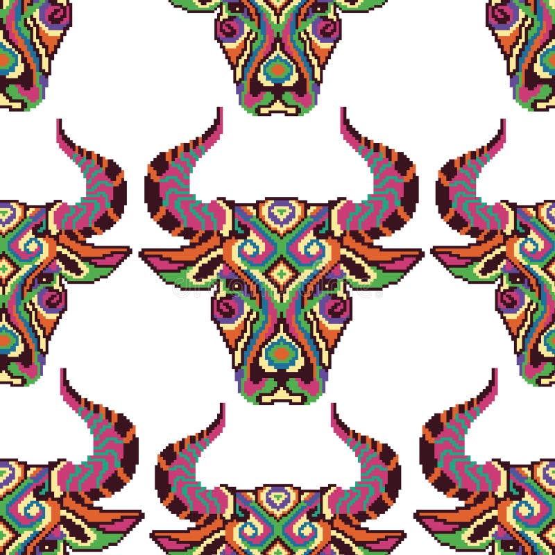 Vector Seamless Pattern with Creative Pixel Bulls. Design Can Be Used ...