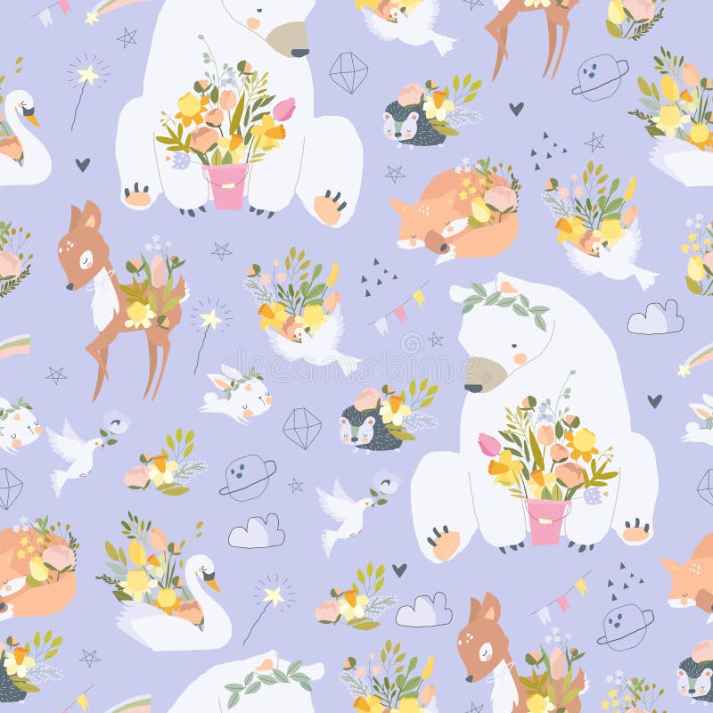 Seamless Pattern with Cute Animals and Spring Flowers Stock Vector ...