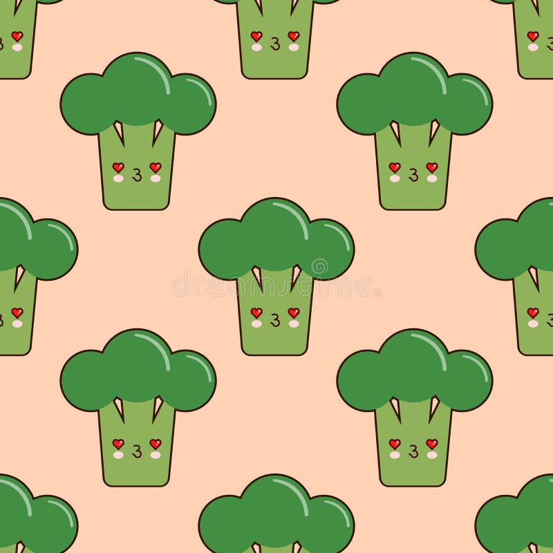 Vector Seamless Pattern with Cute Cartoon Broccoli on Pink Background ...