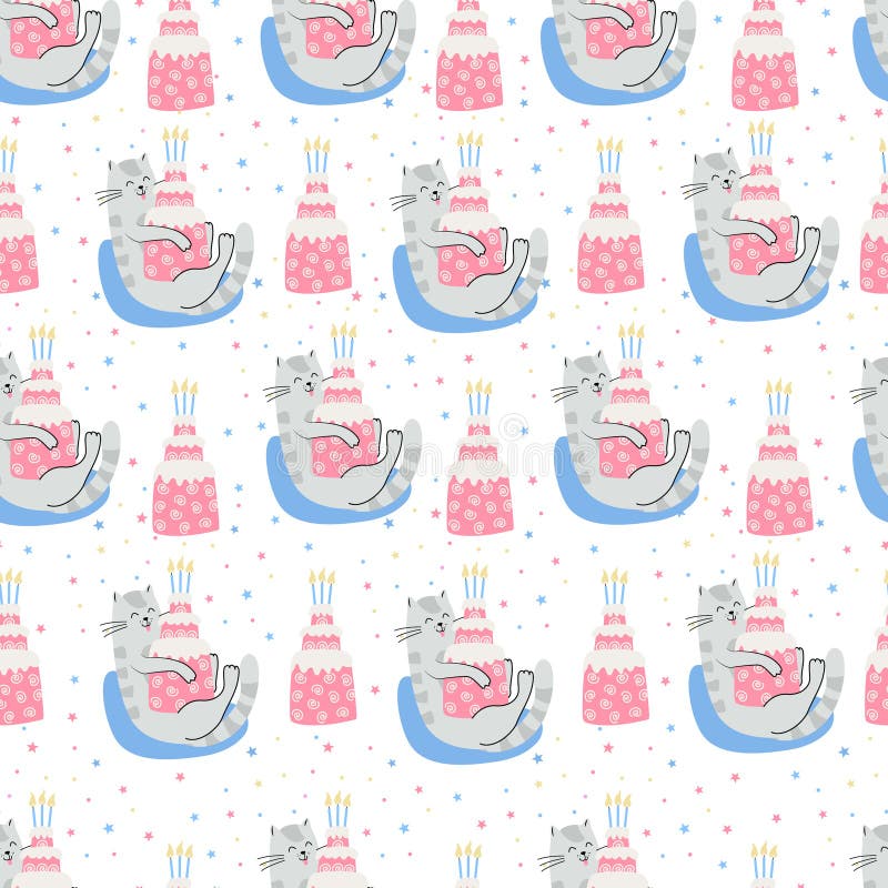 Vector Seamless Pattern with Cute Cats and Birthday Cakes Stock Vector ...