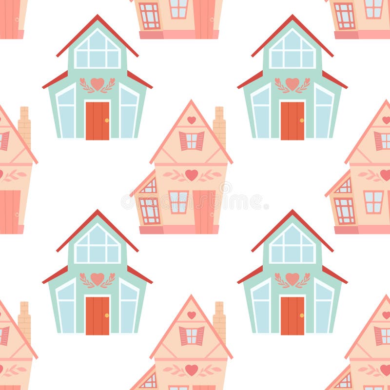 Vector Seamless Pattern with a Cute Country Houses on White Background ...